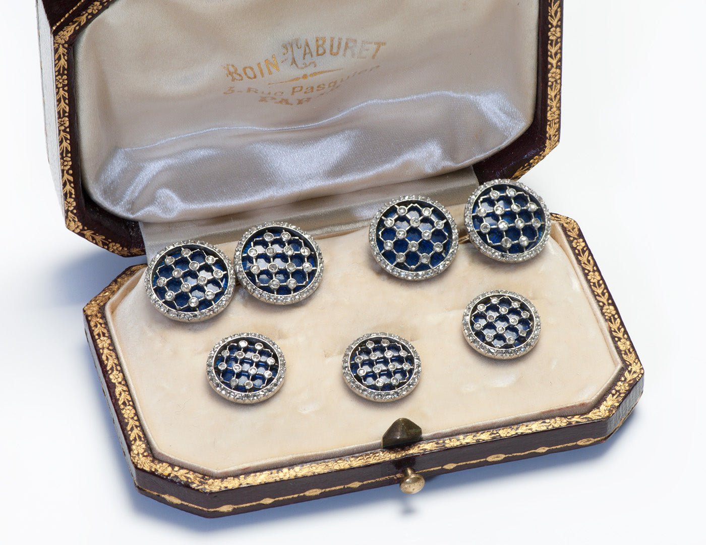 Antique Boin Taburet Diamond Enamel Cufflink Stud Set