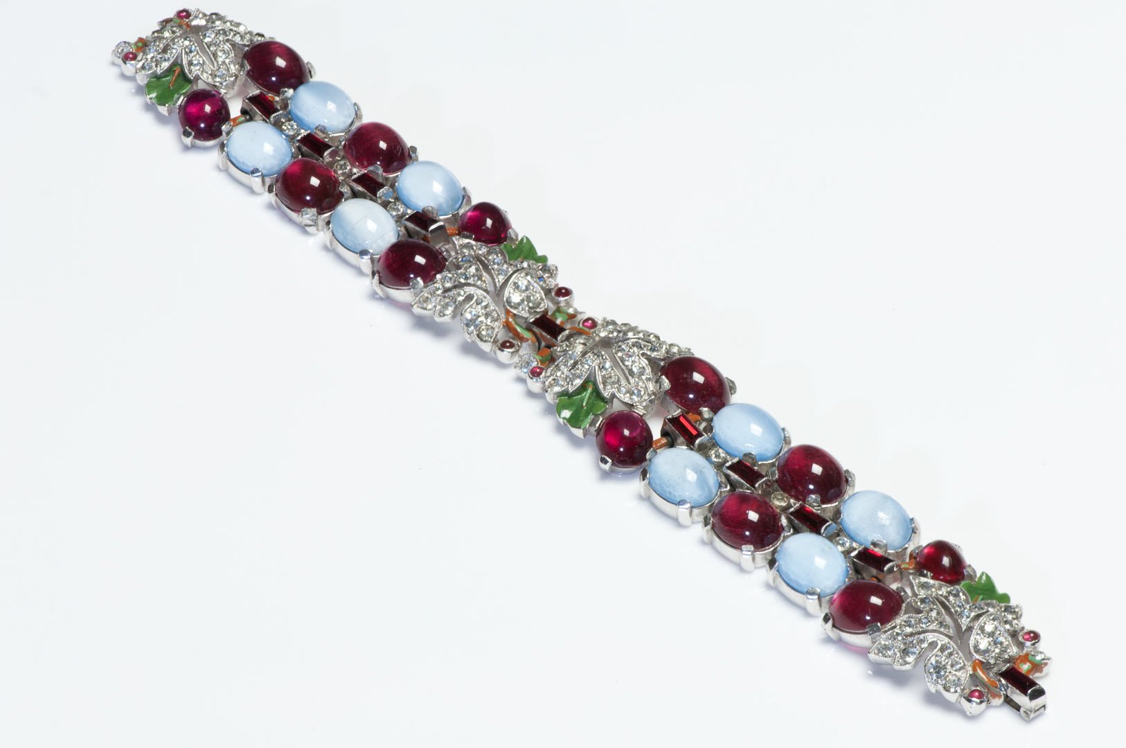 Trifari by Alfred Philippe Tutti Frutti Blue Red Glass Leaf Crystal Bracelet