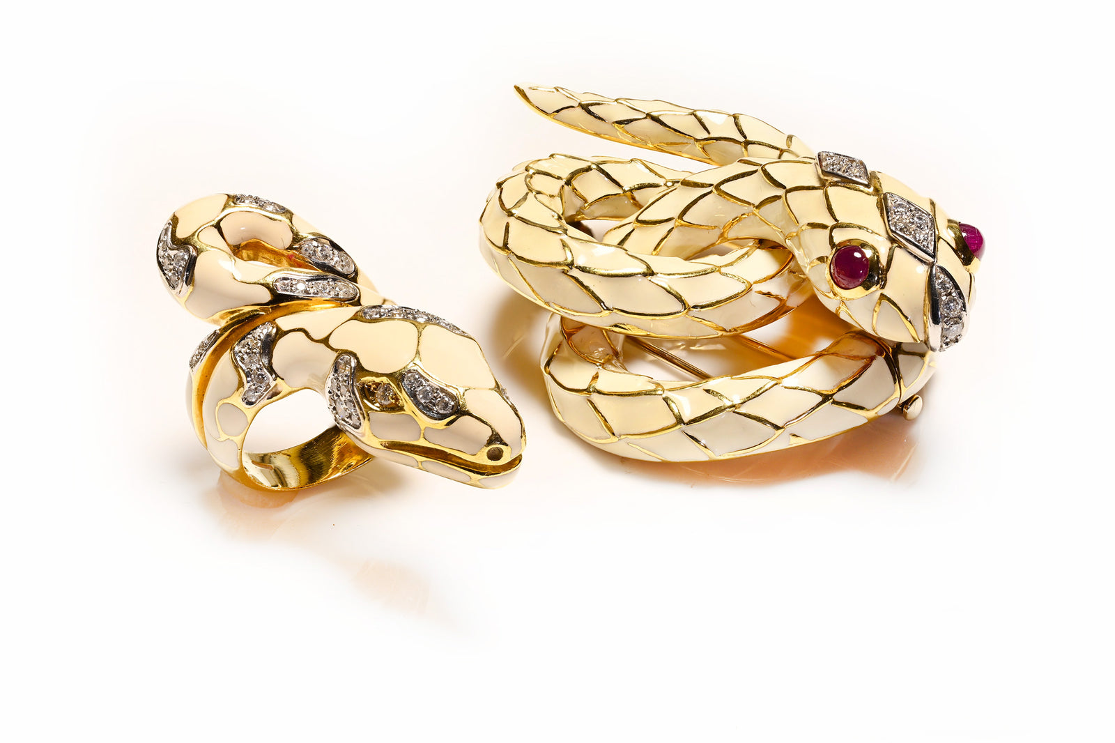 Vintage 18K Gold Enamel Ruby Diamond Snake Ring and Brooch Set