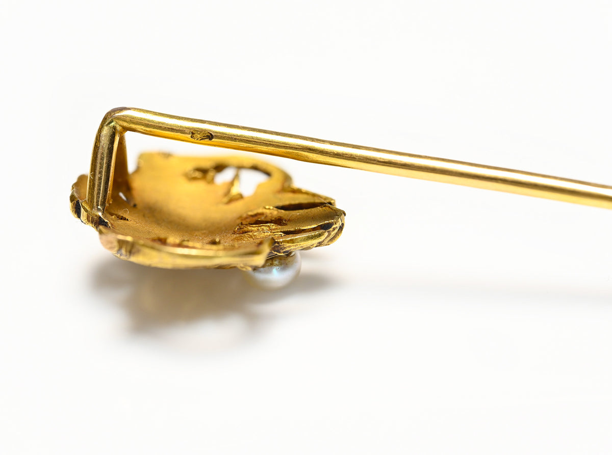 Antique Art Nouveau French 18K Gold Gargoyle Pearl stick Pin