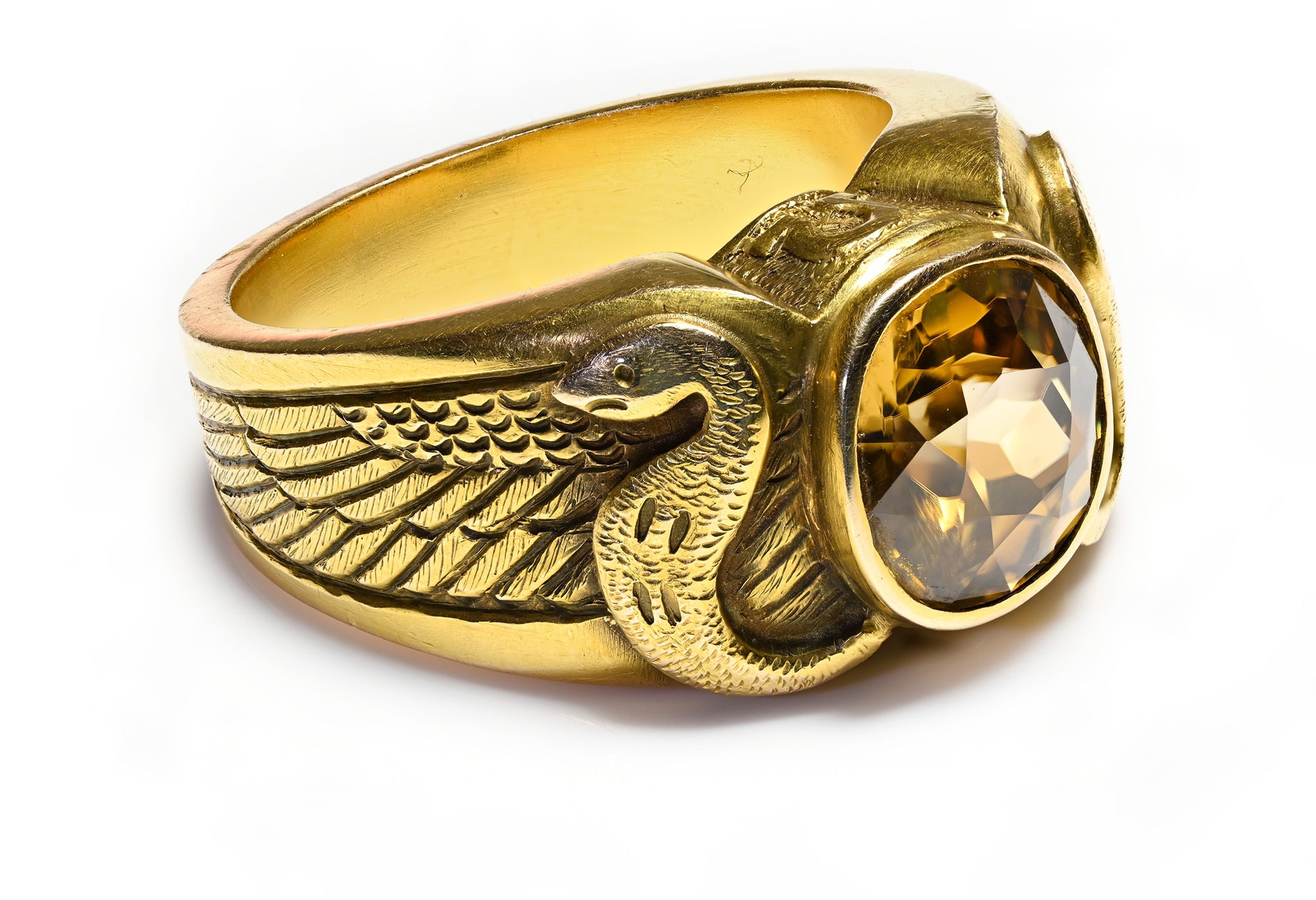 Art Nouveau Egyptian Revival Gold Snake Natural Zircon Men's Ring