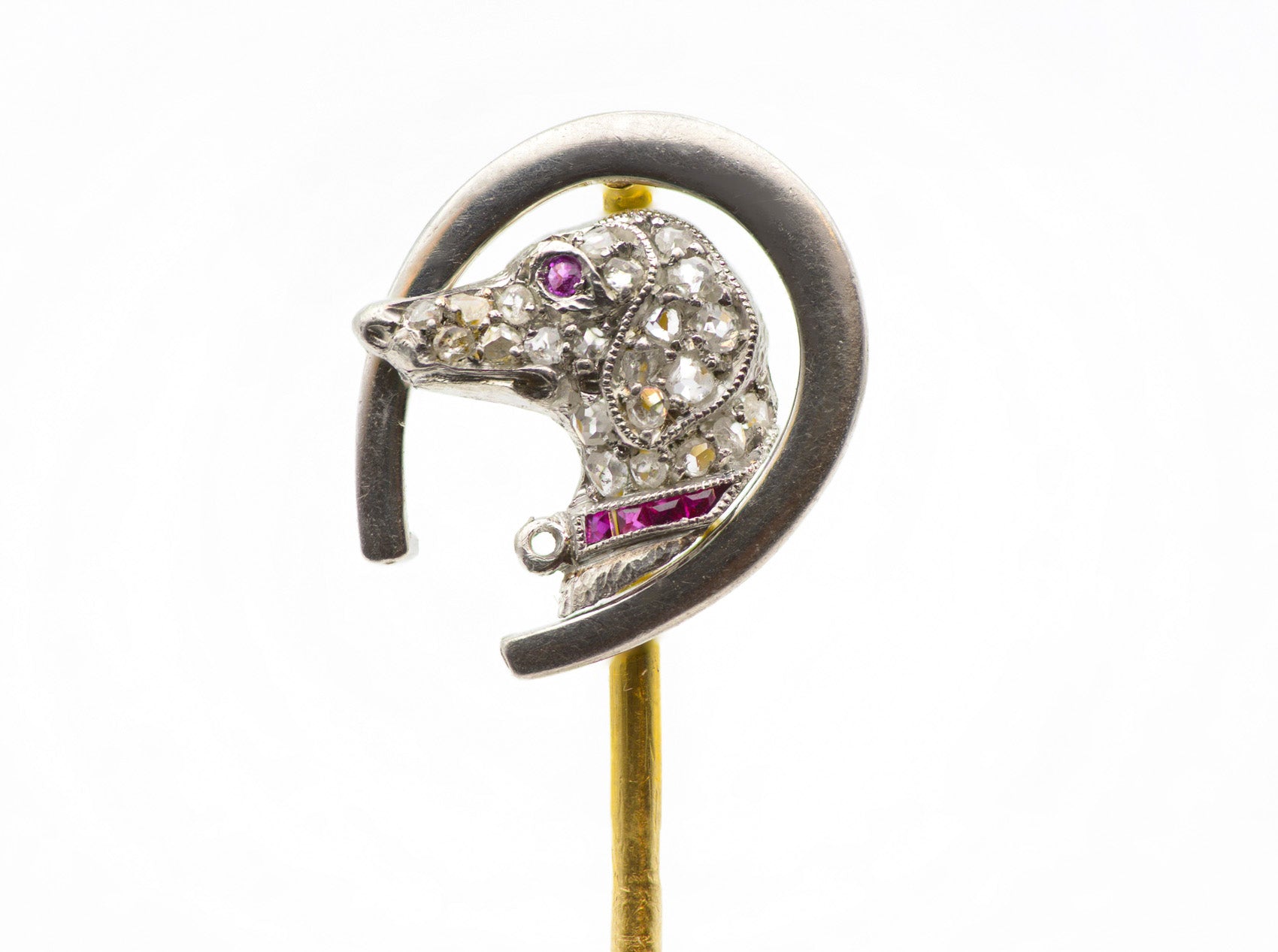 Antique Gold Platinum Diamond Ruby Sapphire Dachshund Dog Stick Pin