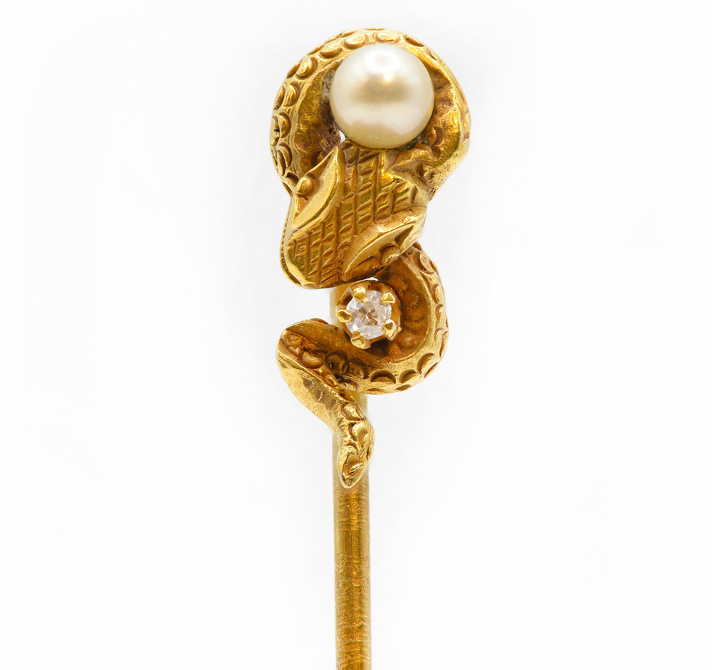 Art Nouveau 14K Yellow Gold Pearl Diamond Snake Stick Pin