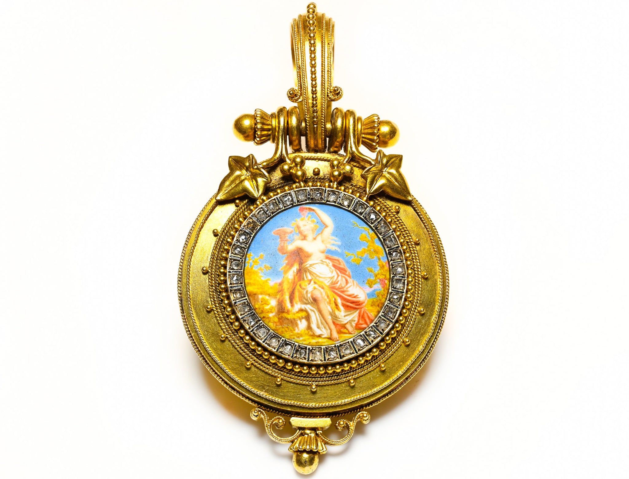 Eugène Fontenay 18K Gold Enamel Diamond Etruscan Revival Locket Pendan