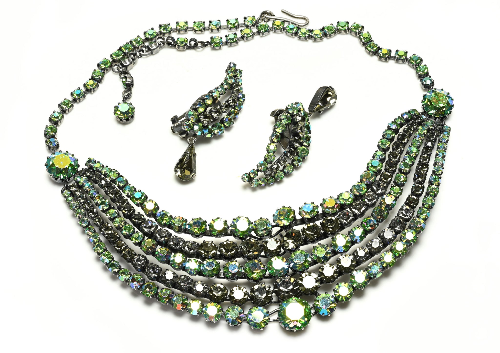 Max Muller Kaufbeuren 1960's Green Aurora Borealis Crystal Necklace Ea