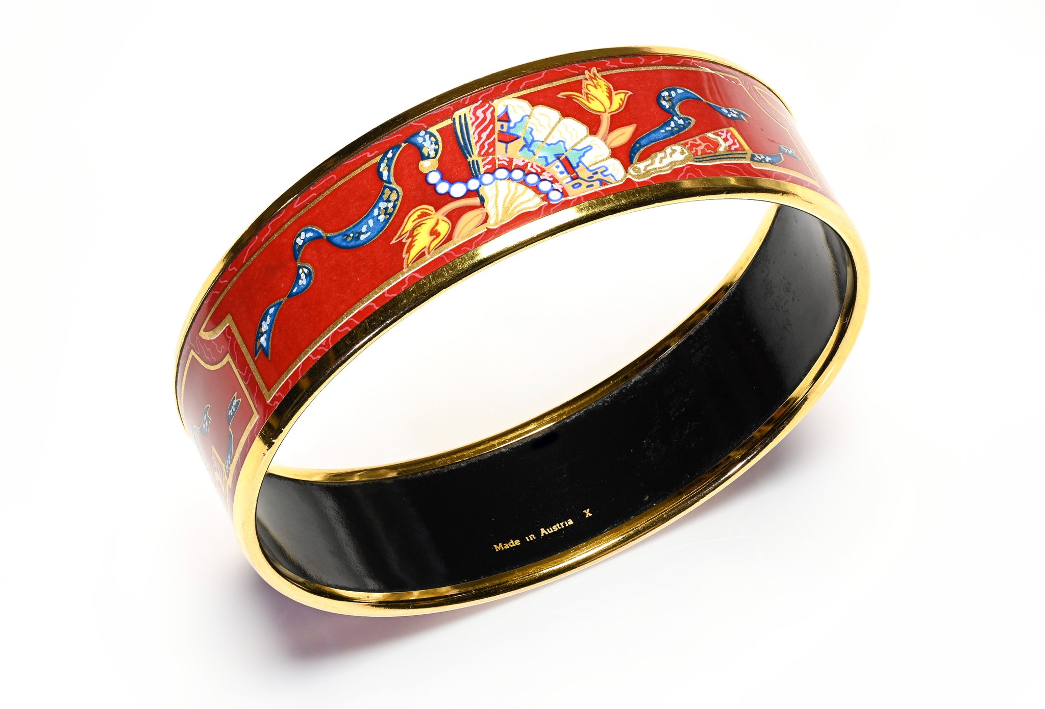 Vintage Hermes Paris Wide Red Enamel Fan Design Bangle Bracelet