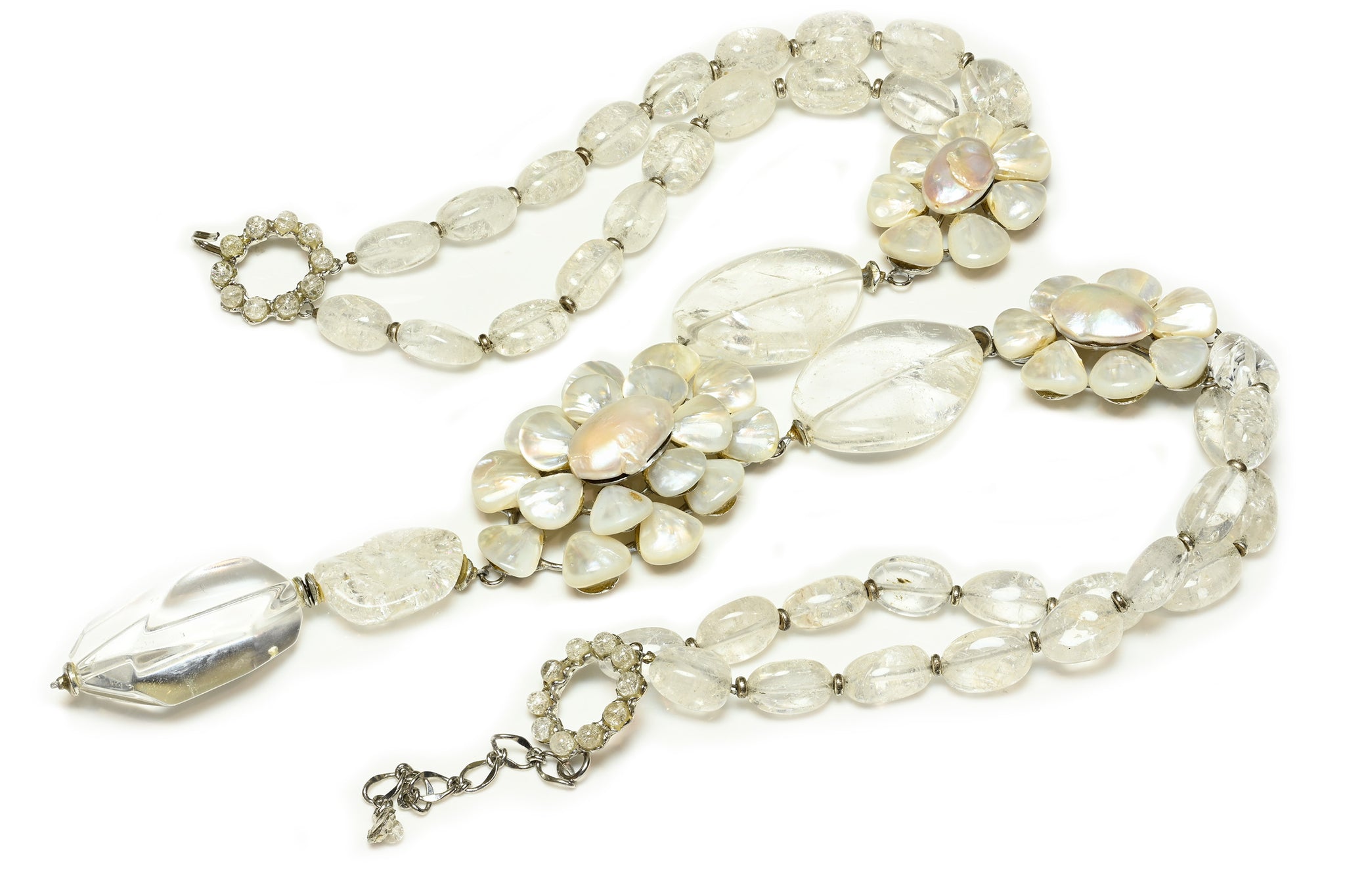 Vintage Siman Tu Pearl Rock Crystal Flower Pendant Necklace