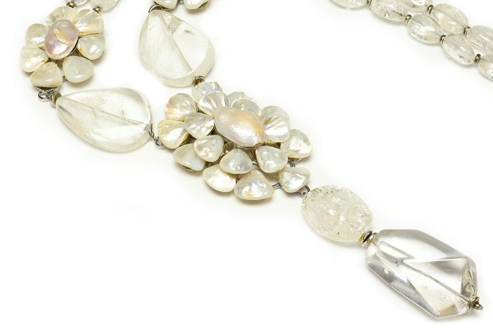 Vintage Siman Tu Pearl Rock Crystal Flower Pendant Necklace
