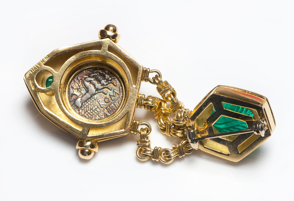 Ancient Roman Coin Carved Emerald 18K Gold Fob Brooch