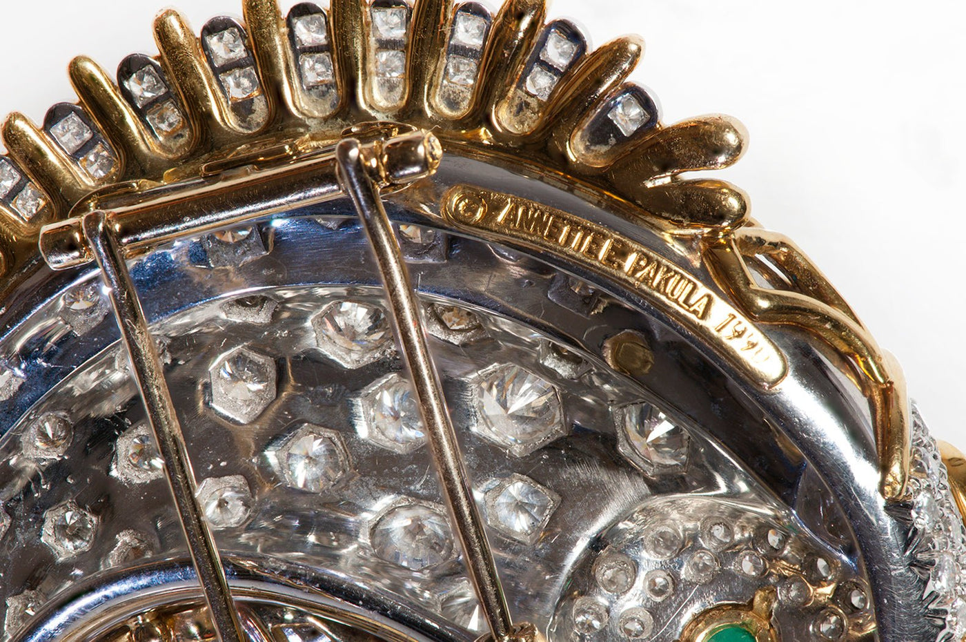 Annette Pakula Diamond Emerald 18K Gold Platinum Fish Brooch