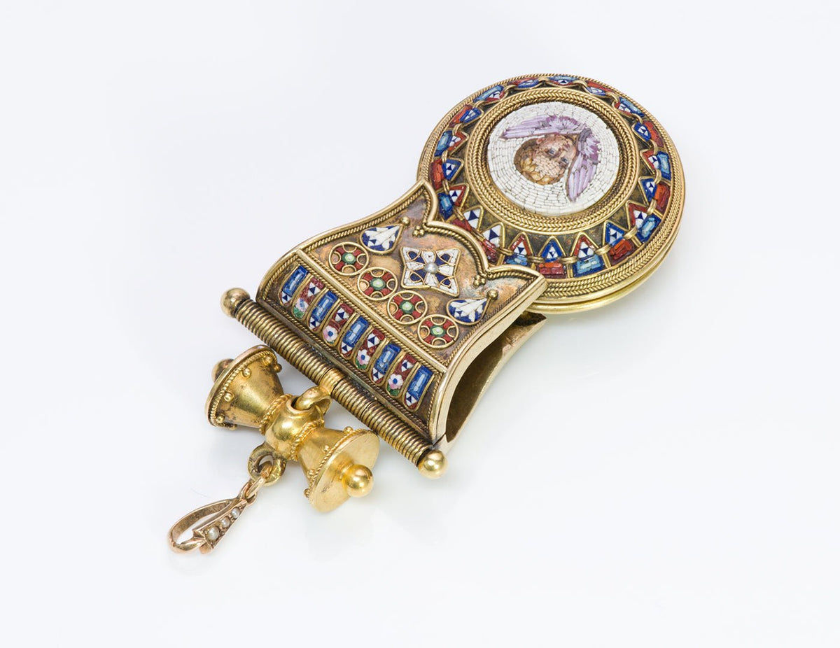 Antique 18K Gold Cherub Bird Mosaic Bulla Pendant Locket