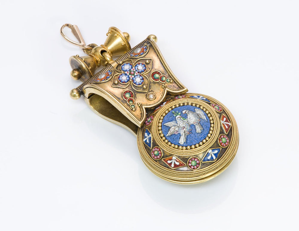 Antique 18K Gold Cherub Bird Mosaic Bulla Pendant Locket