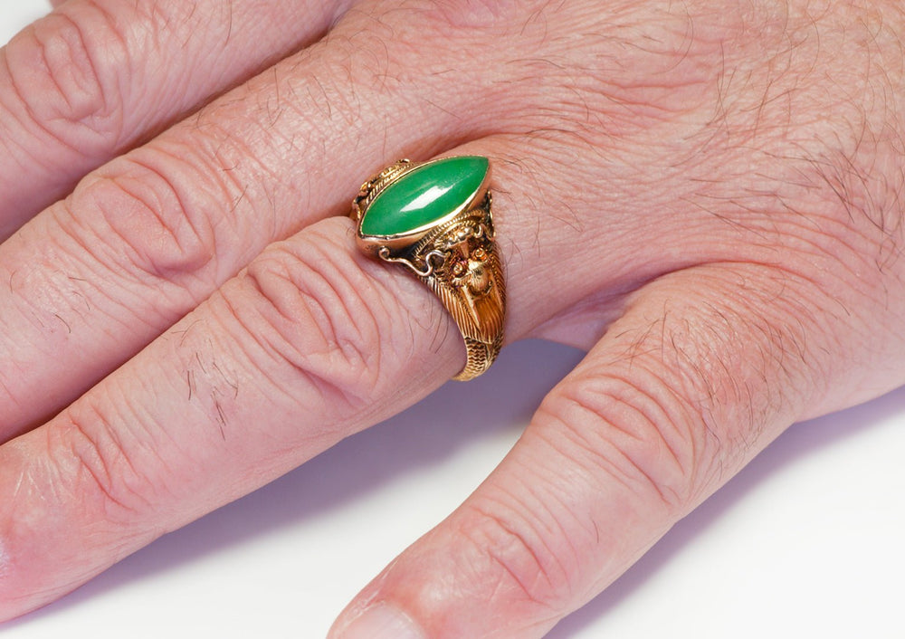 Antique 18K Gold Chinese Dragon GIA Jadeite Jade Men's Ring