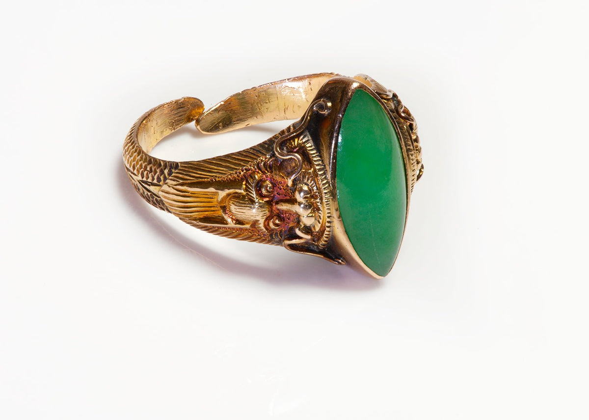 Antique 18K Gold Chinese Dragon GIA Jadeite Jade Men's Ring