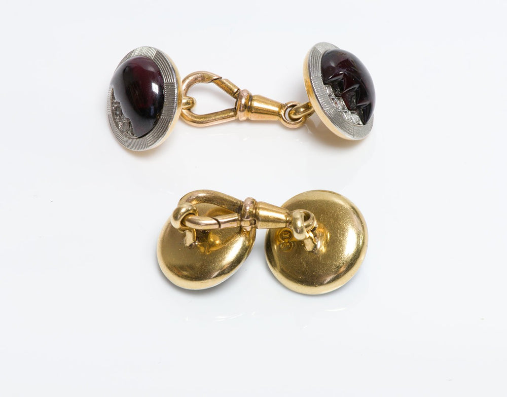 Antique 18K Gold & Platinum Carved Garnet & Diamond Cufflinks