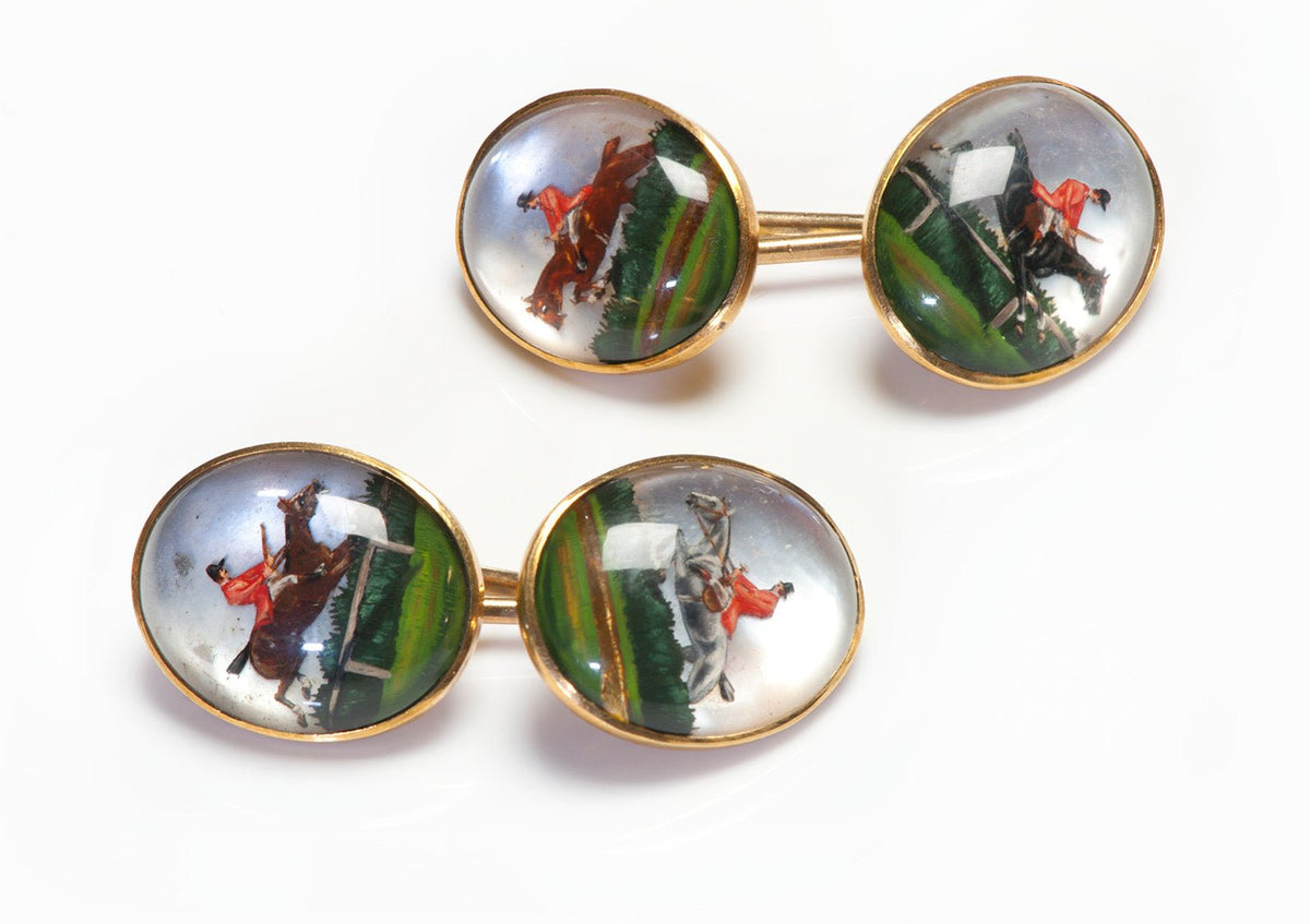 Antique 18K Gold Reverse Crystal Horse Jockey Cufflinks