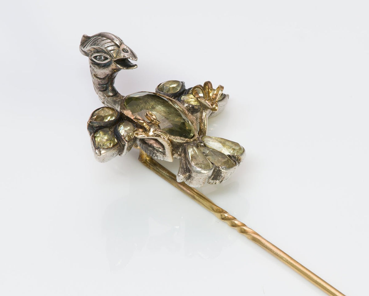 Antique 19th Century Chrysolite Silver Toped Gold Falcon Stick Pin