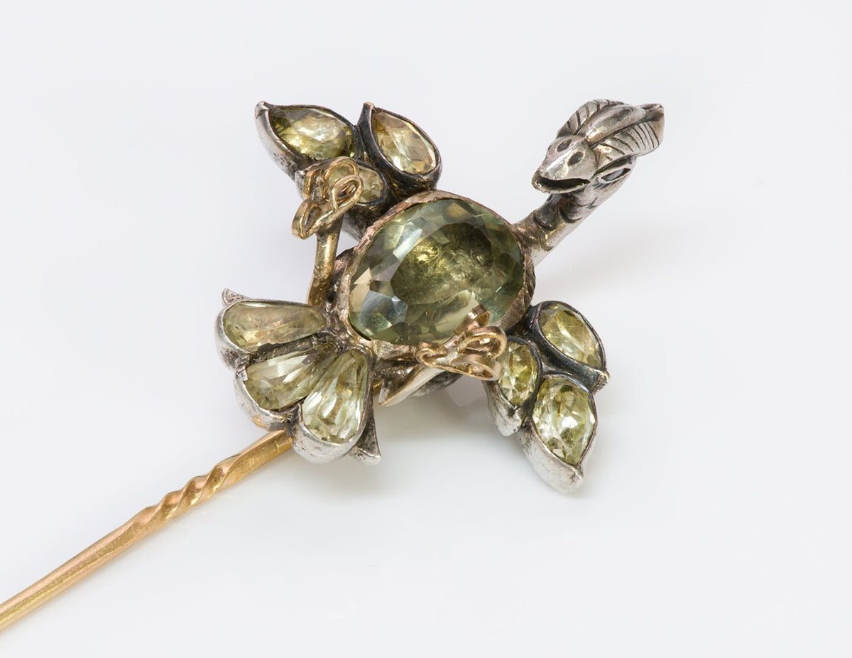 Antique 19th Century Chrysolite Silver Toped Gold Falcon Stick Pin