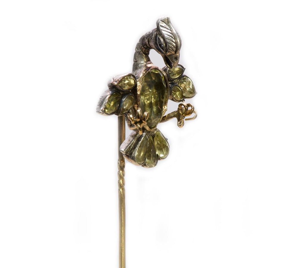 Antique 19th Century Chrysolite Silver Toped Gold Falcon Stick Pin