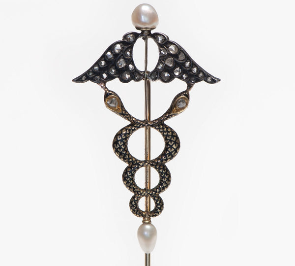 Antique Caduceus Gold Silver Diamond Pearl Enamel Stick Pin