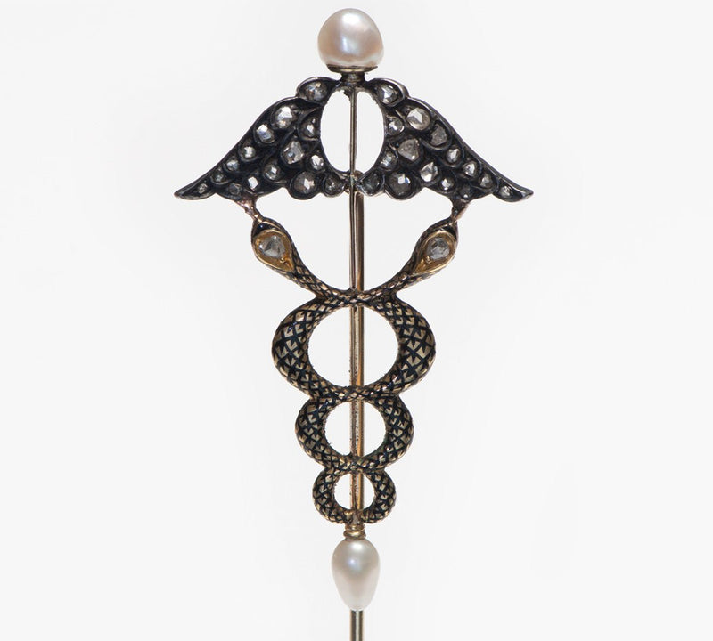 Antique Caduceus Gold Silver Diamond Pearl Enamel Stick Pin