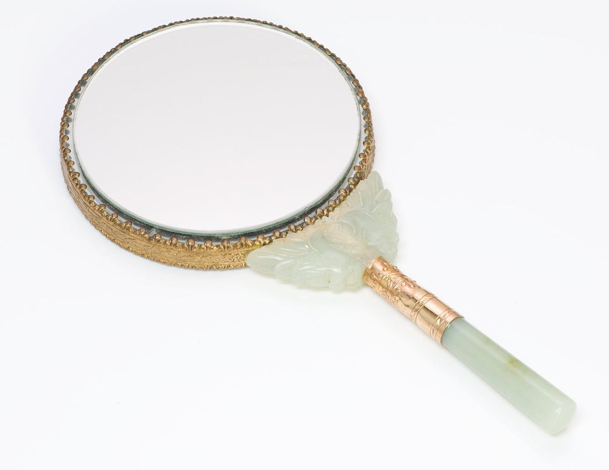 Antique Chinese Cinnabar Jade Large Hand Mirror Qing Dynasty