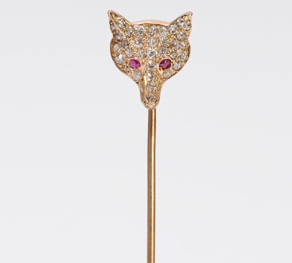Antique Diamond Ruby Gold Fox Stick Pin
