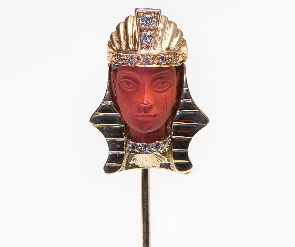 Antique Egyptian Revival Diamond Carnelian Gold Pharaoh Stick Pin
