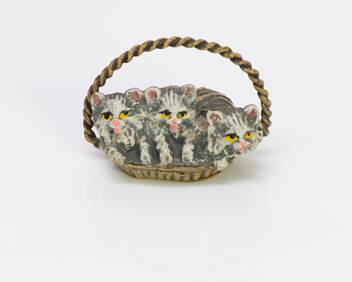 Antique Enamel Bronze Miniature Basket Cat Kittens