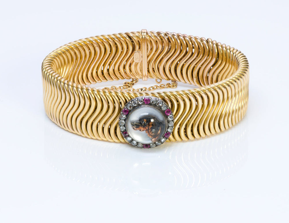 Antique French Reverse Crystal Dog 18K Gold Ruby Diamond Bracelet