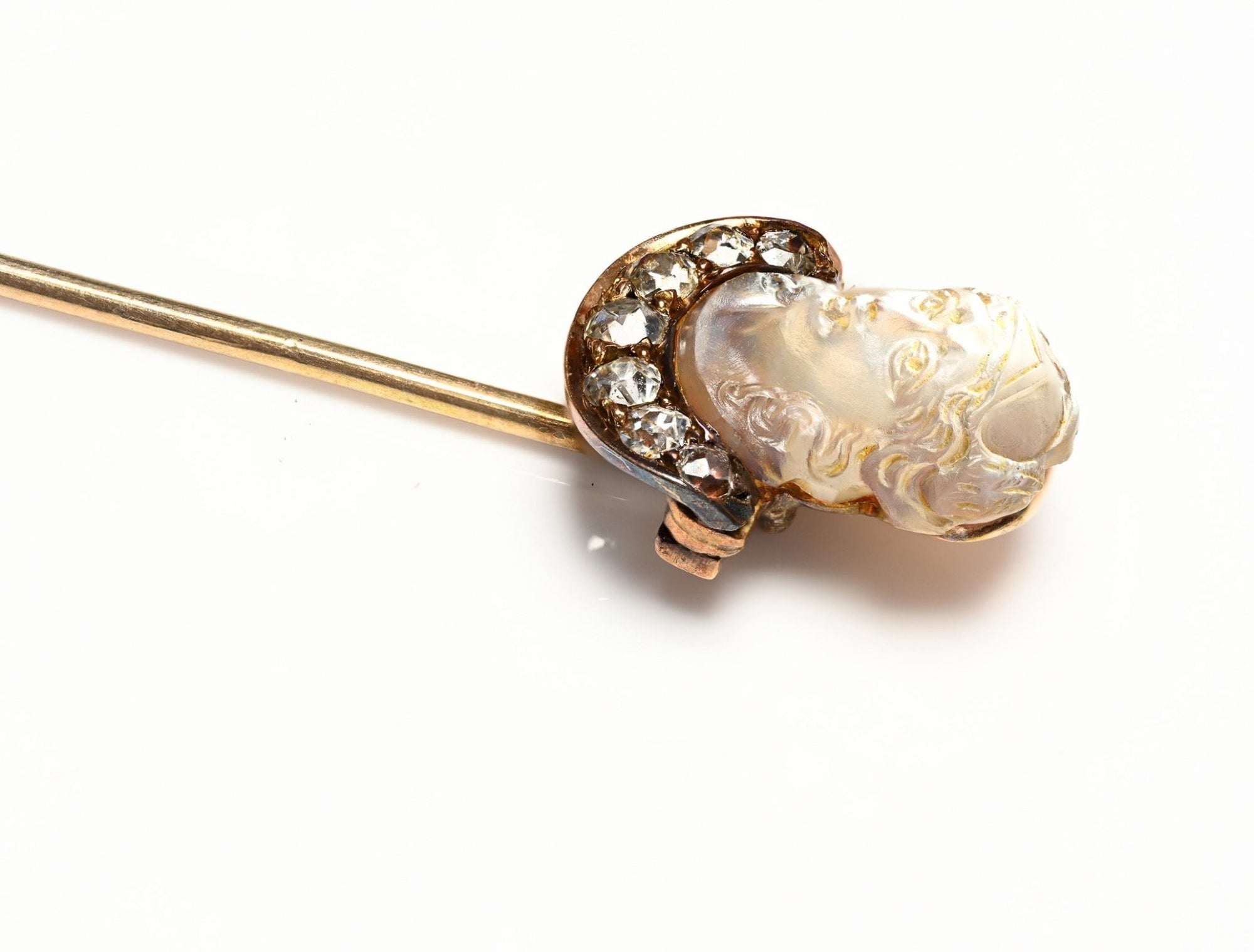 Antique Gold Carved Moonstone Lady Face Diamond Stick Pin
