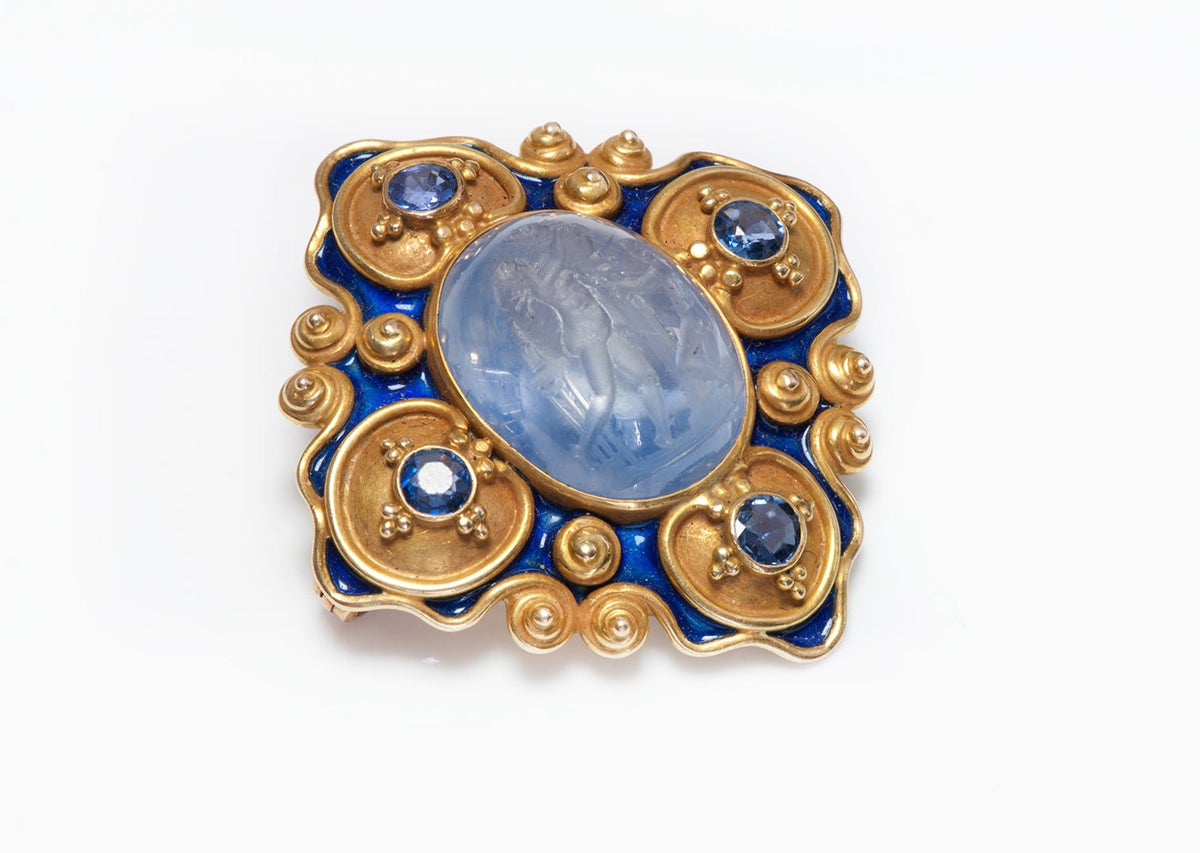 Antique Gold Carved Sapphire Intaglio Enamel Pendant Brooch