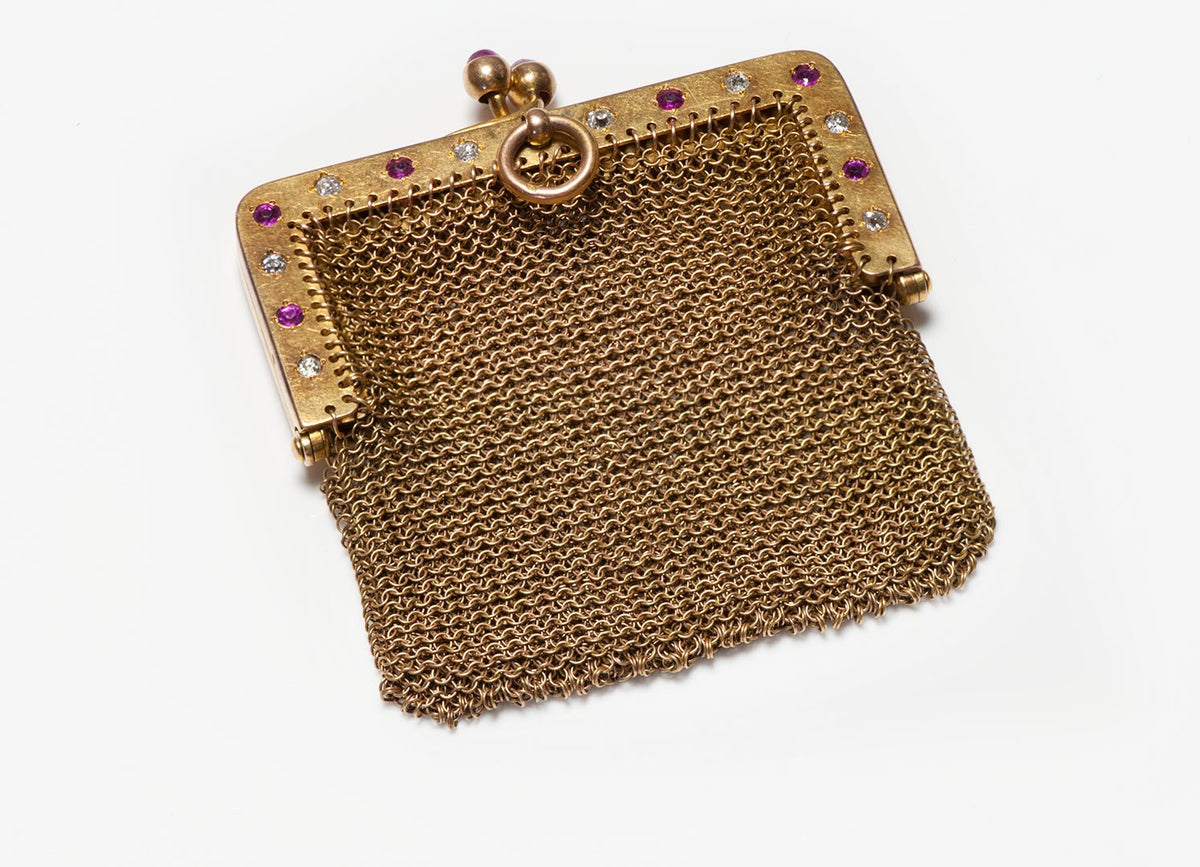 Antique Gold Diamond Ruby Miniature Mesh Purse