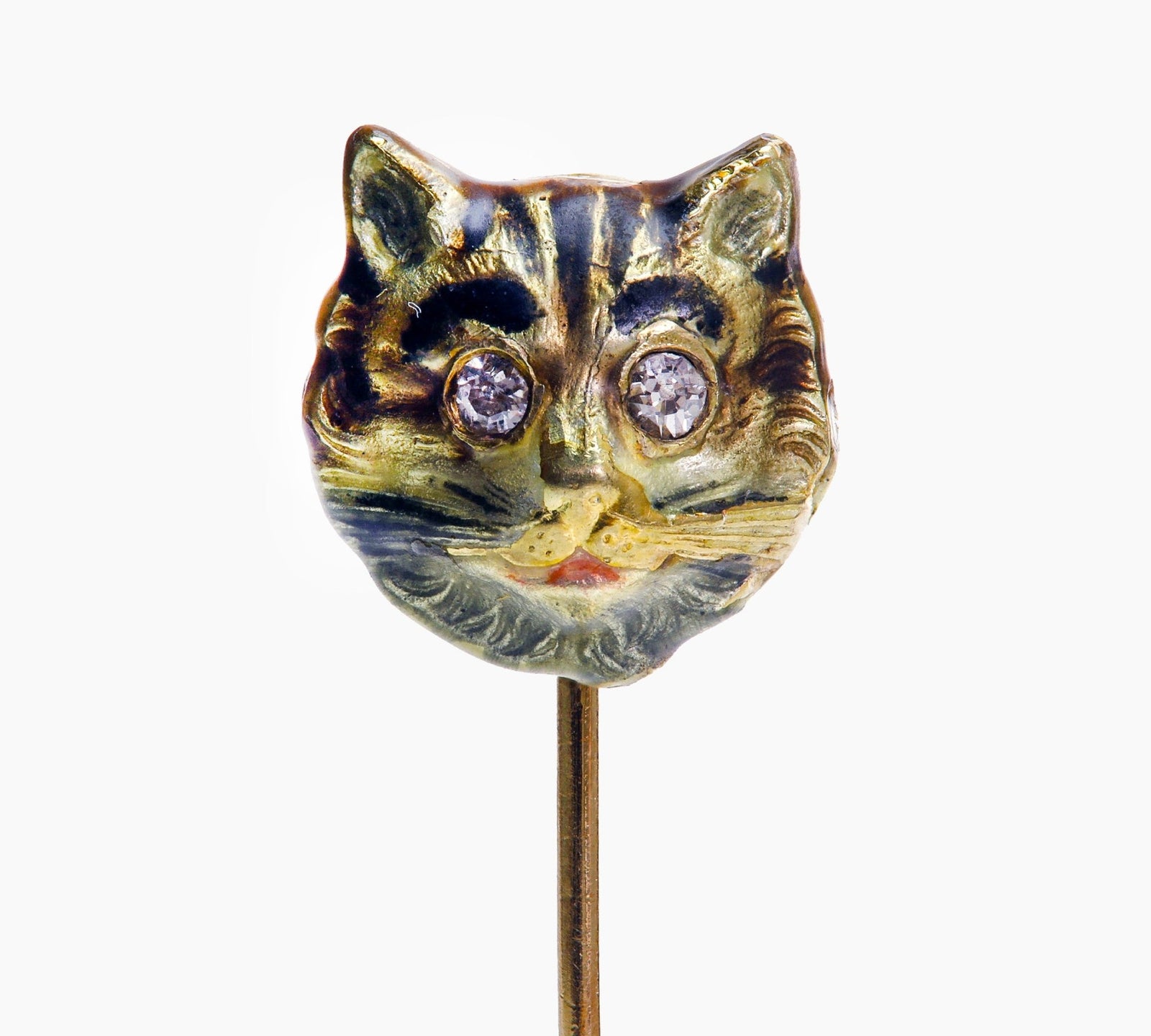 Antique Gold Enamel Diamond Cat Stick Pin