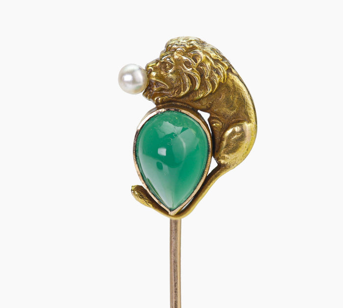 Antique Gold Green Onyx Pearl Lion Stick Pin