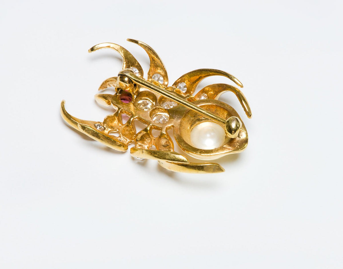 Antique Gold Natural Pearl Ruby Diamond Spider Brooch