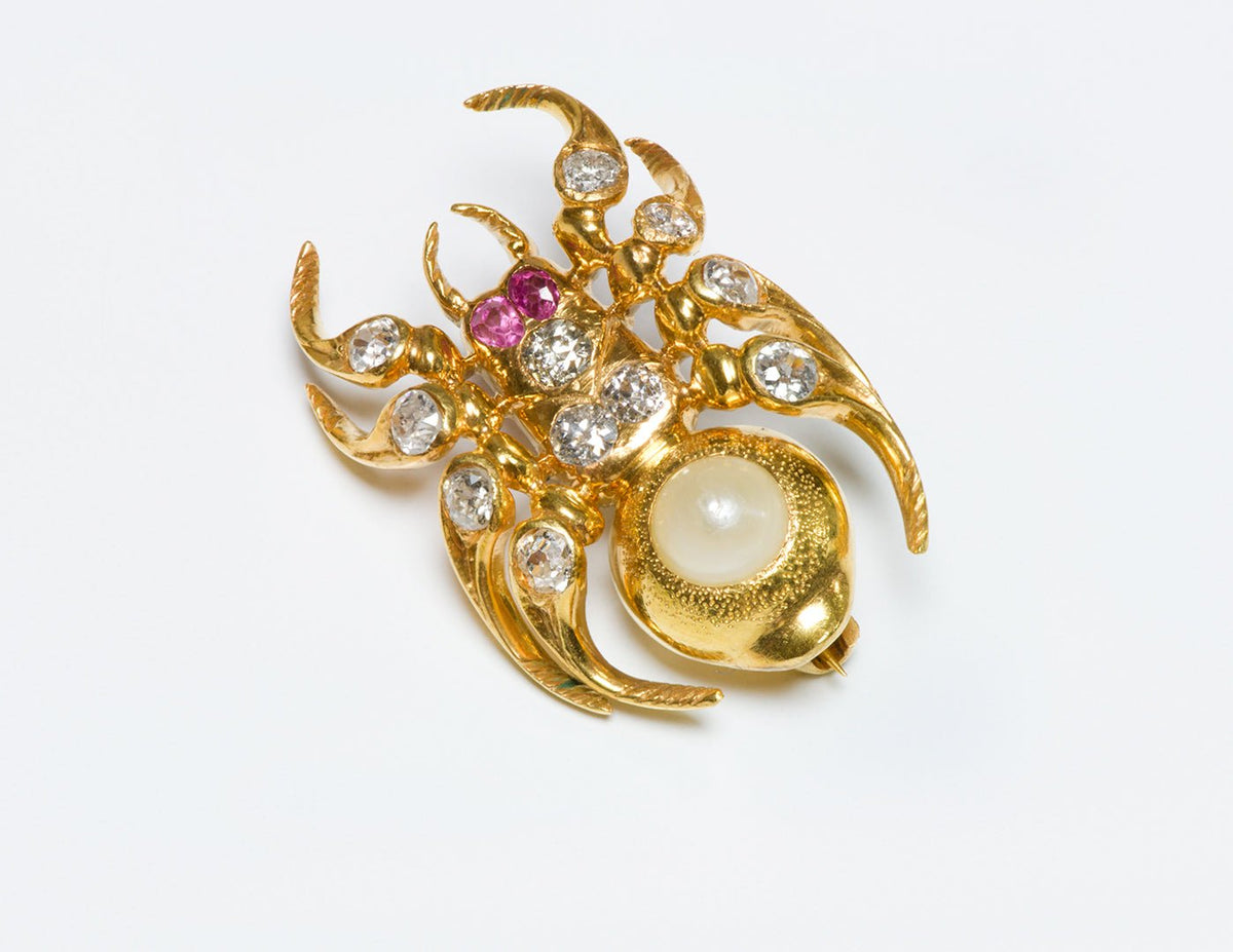 Antique Gold Natural Pearl Ruby Diamond Spider Brooch