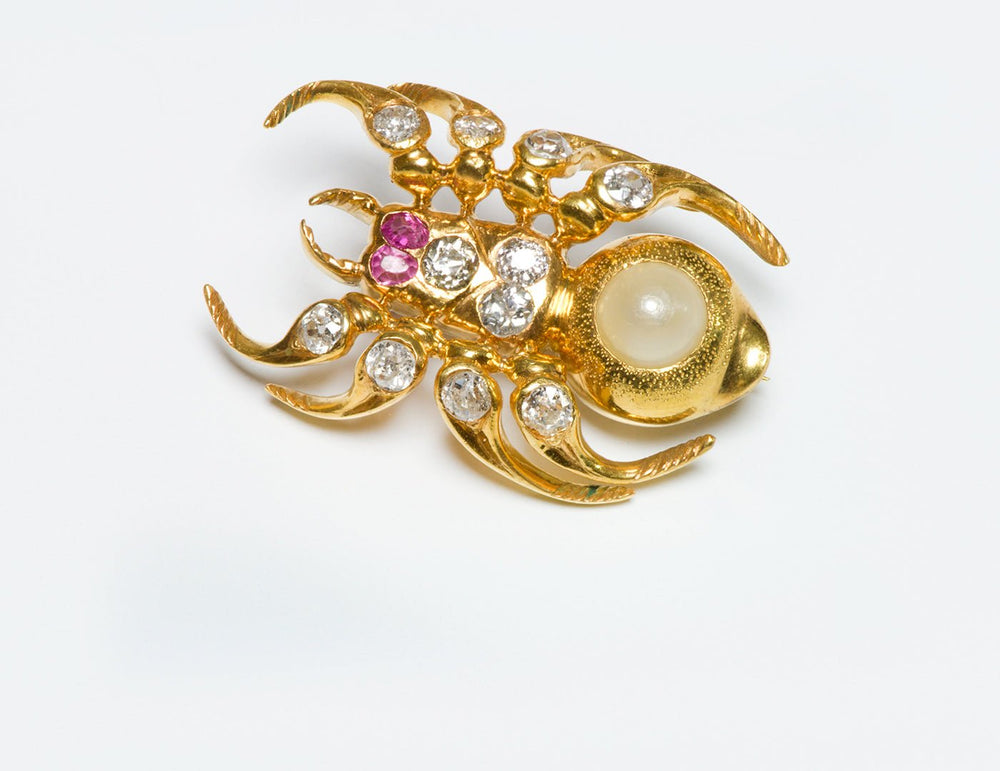 Antique Gold Natural Pearl Ruby Diamond Spider Brooch