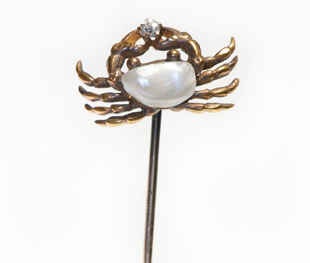 Antique Gold Pearl Diamond Crab Stick Pin