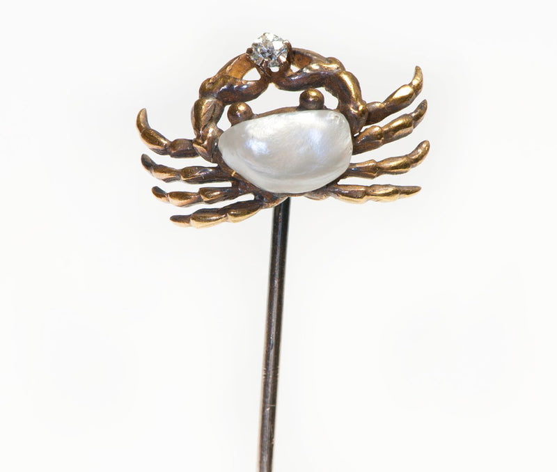 Antique Gold Pearl Diamond Crab Stick Pin