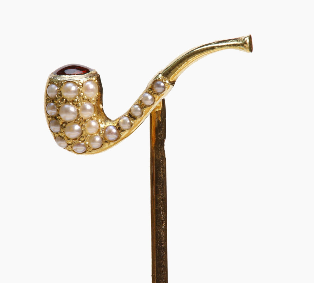 Antique Gold Pearl Enamel Smoking Pipe Stick Pin