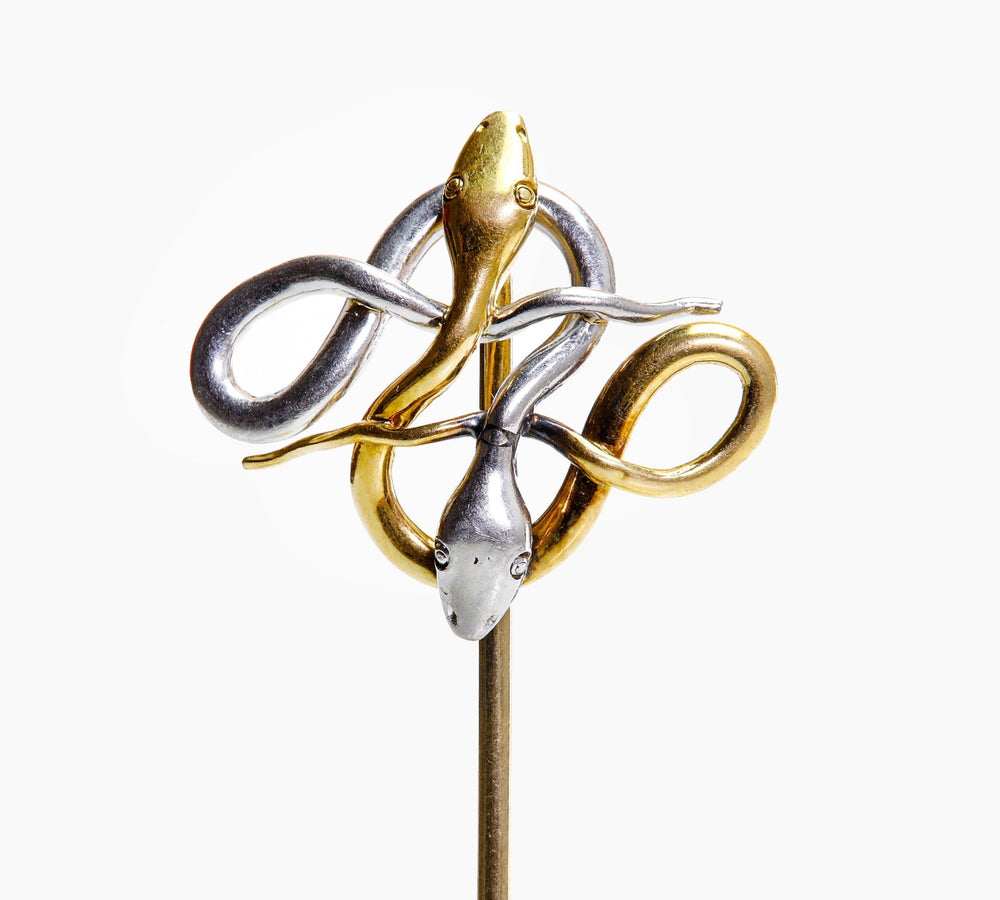 Antique Gold Platinum Double Snake Stick Pin