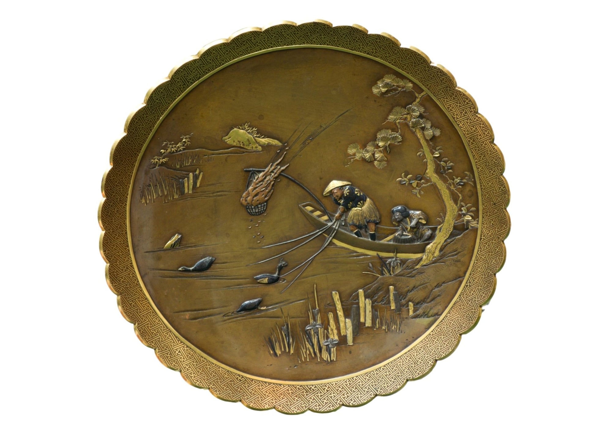 Antique Japanese Meiji Shakudo Mixed Metal Plaque Charger