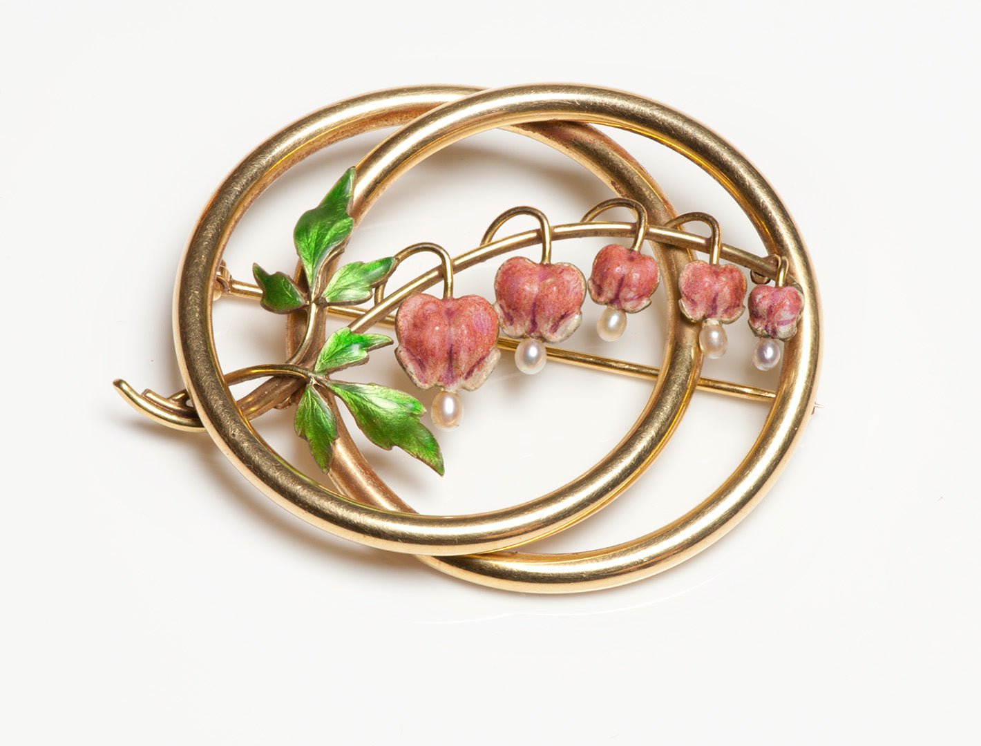 Antique Krementz Gold Bleeding Heart Flower Enamel Pearl Brooch