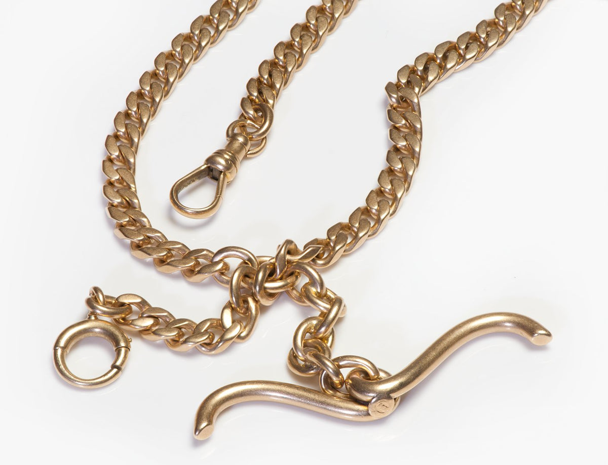Antique Long Gold Link Fob Watch Chain & Bar