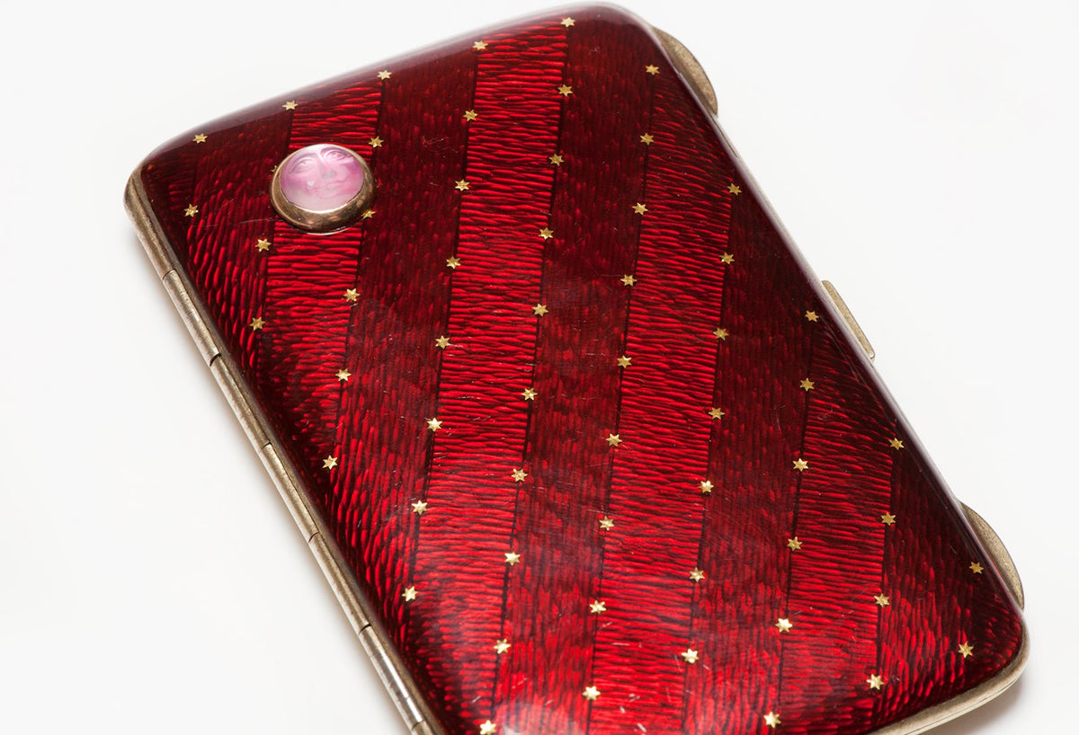 Antique Silver Enamel Carved Moonstone Box Vesta Case Match Safe