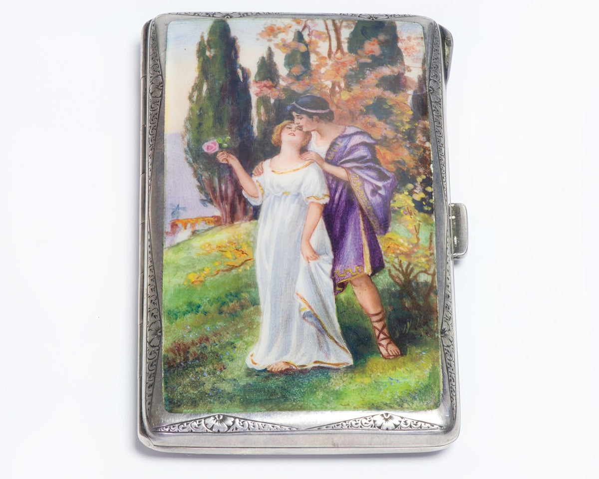 Antique Silver Iridescent Enamel Romantic Scene Cigarette Case