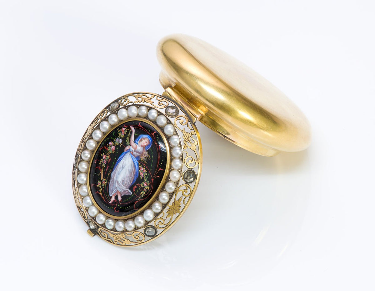 Antique Victorian Pierced Gold Enamel Pearl Diamond Box