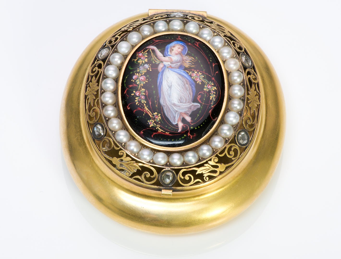 Antique Victorian Pierced Gold Enamel Pearl Diamond Box