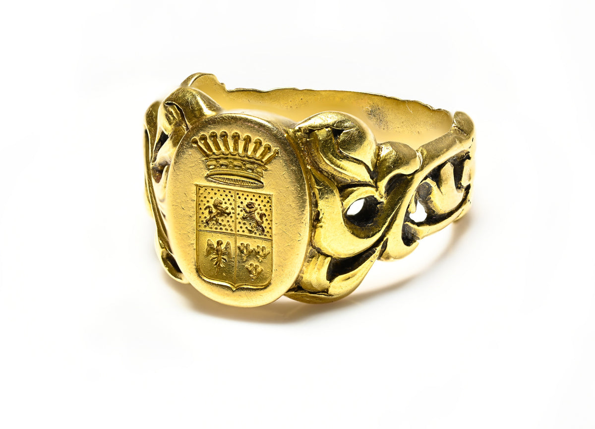 Antique French Art Nouveau Carved Gold Crown Crest Ring
